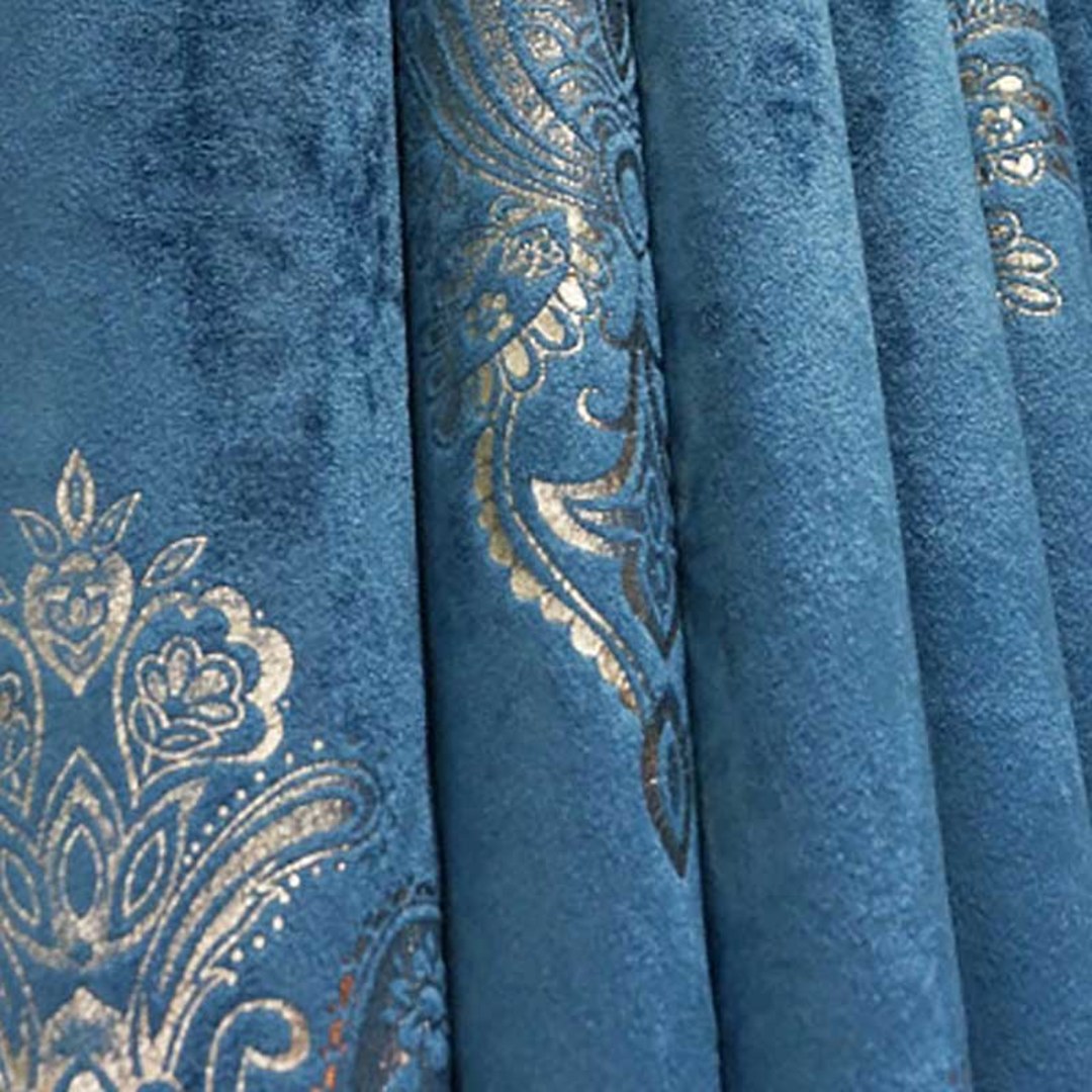 Luxury Blue and Gold Damask Velvet Curtain