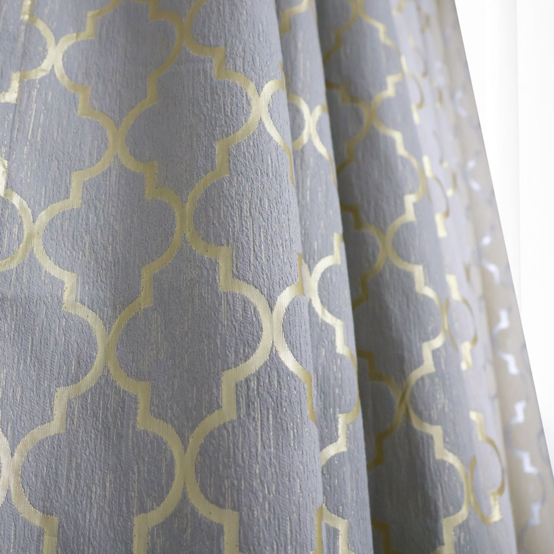 Morocco Trellis Jacquard Gray and Metallic Gold Geometric Curtain