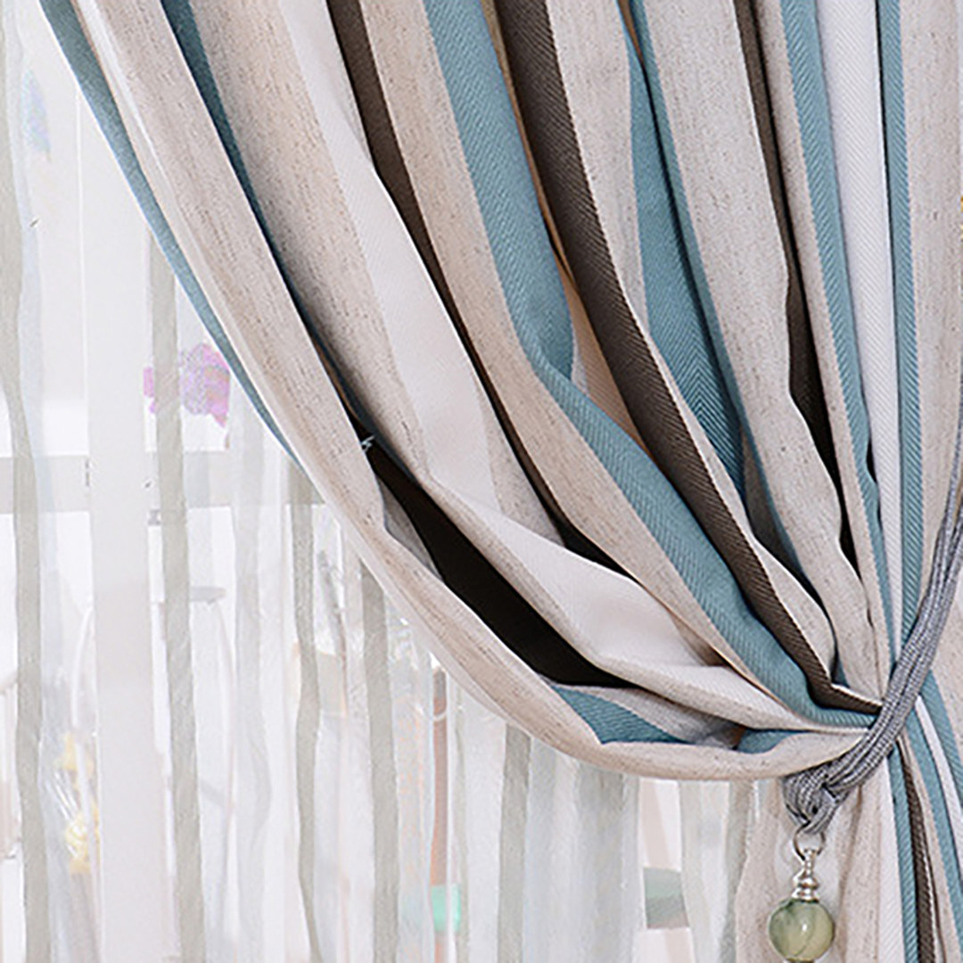 Riviera Turquoise Blue Brown and White Striped Cotton Blend Curtain