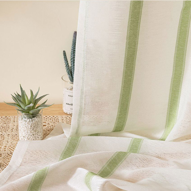 Sol Ivory White Textured Green Striped Heavy Voile Curtain