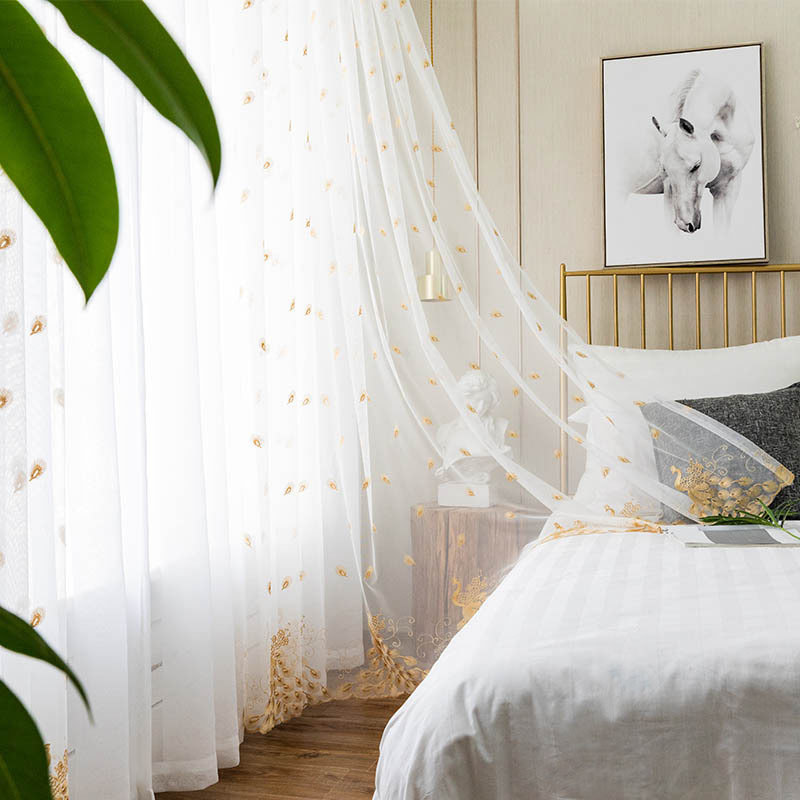 Flipped Gold Peacock Embroidered Sheer Net Curtain