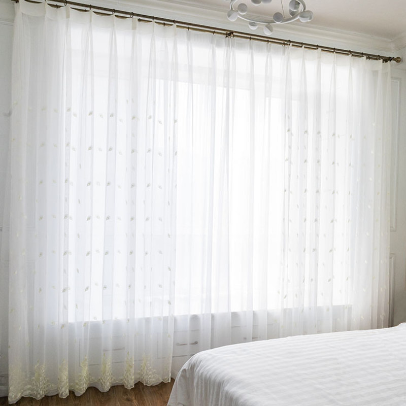 Flipped Pastel Yellow Peacock Embroidered Sheer Curtain