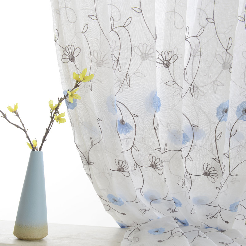 Floral Affairs Sky Blue Flower Embroidered Sheer Voile Curtain | Voila ...