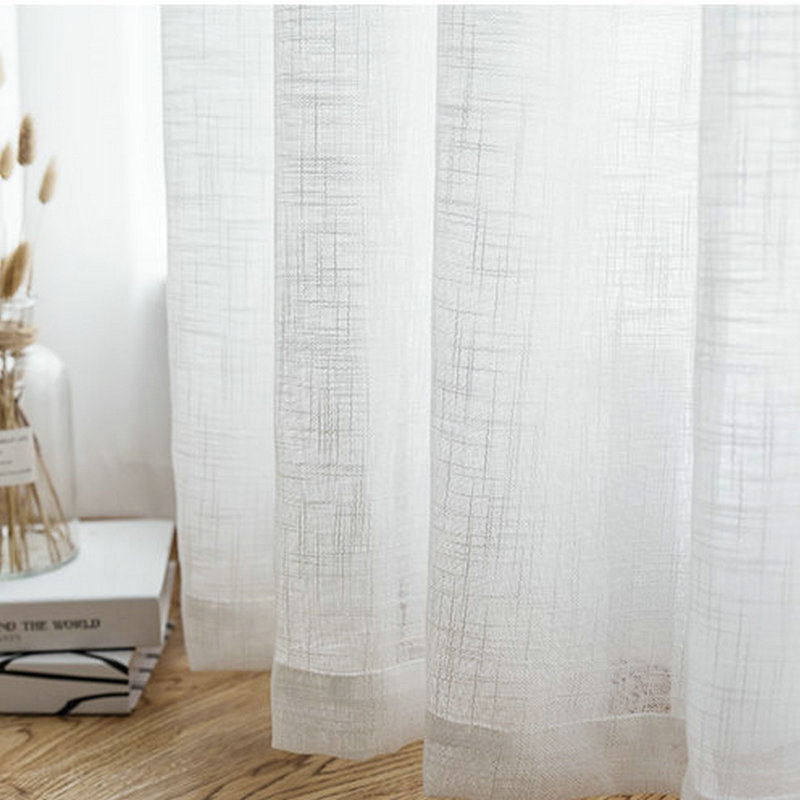 Gracie White Linen Horizontal Band Sheer Curtains | Voila Voile®
