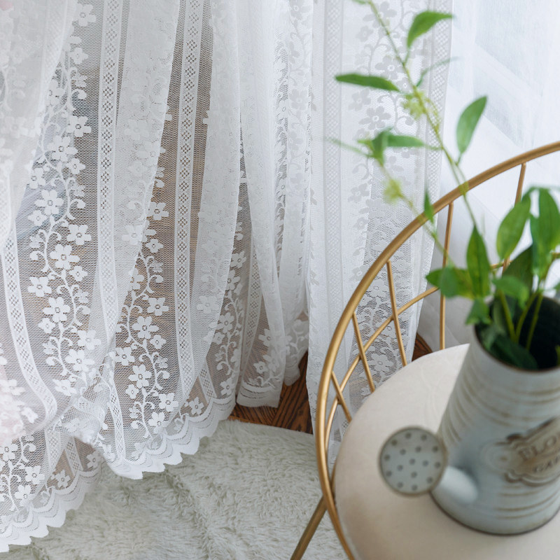 Delicate Flowers White Sheer Curtain with Column Detail and a Scalloped ...