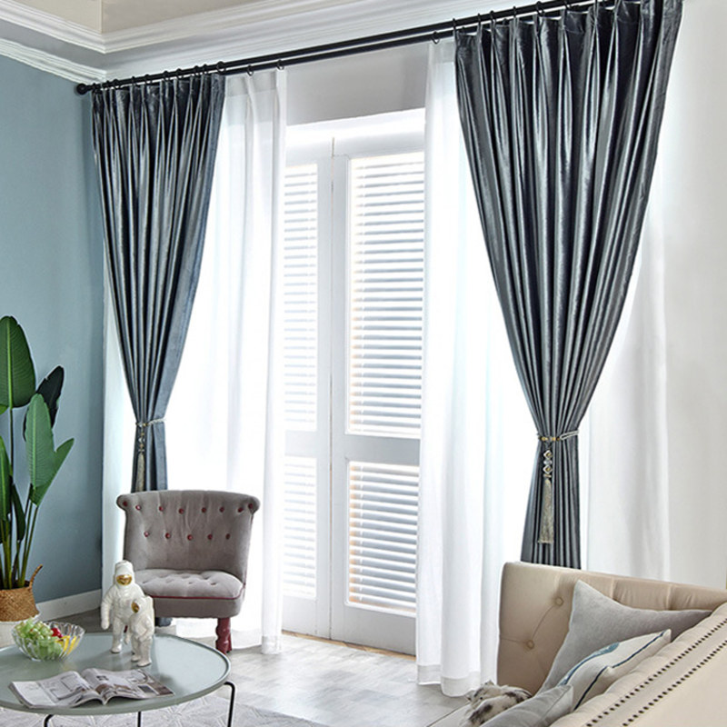 Luxury Metallic Blue Gray Blackout Velvet Curtain Drapes