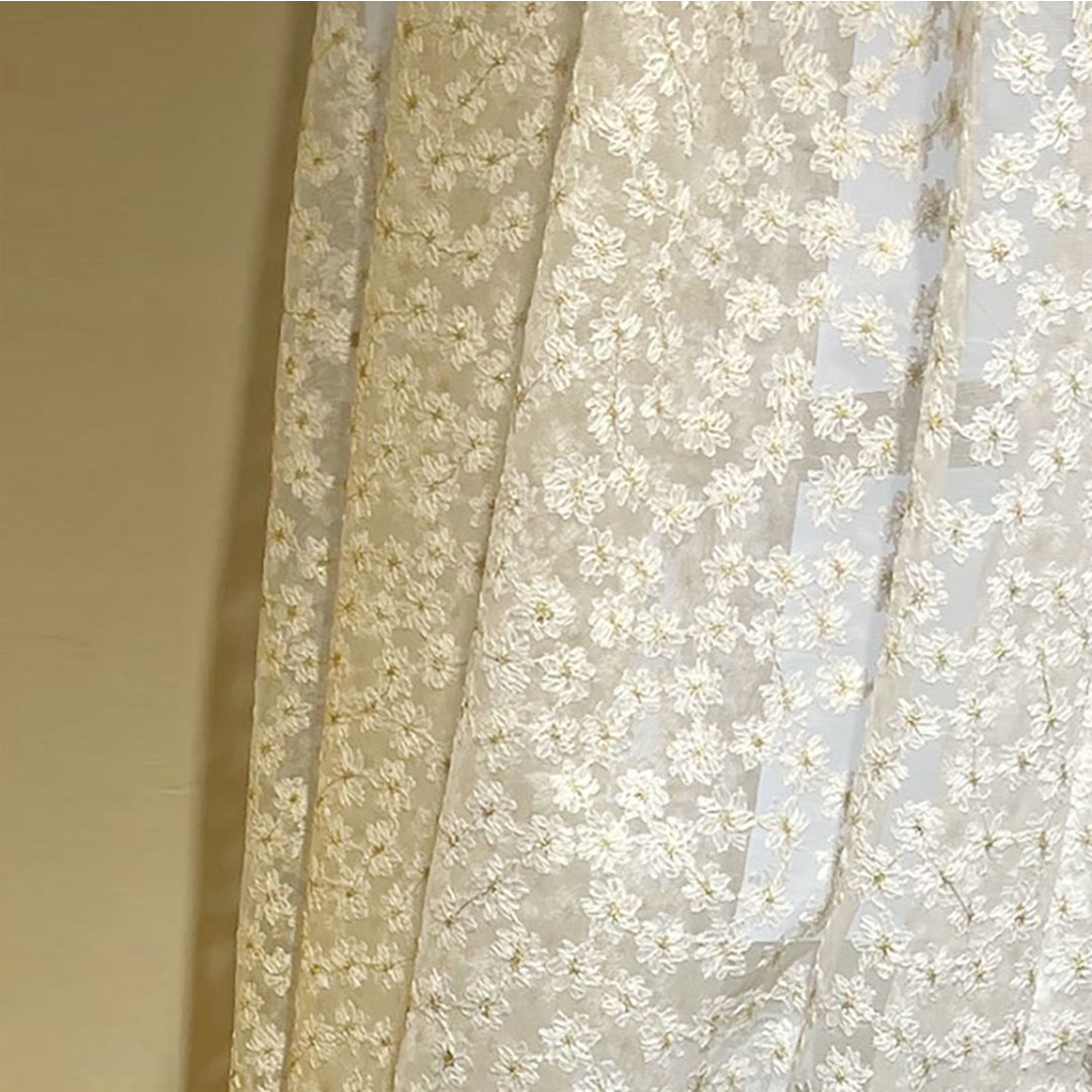 Summertime Embroidered Daisy Ivory White Sheer Curtain with Gold Details