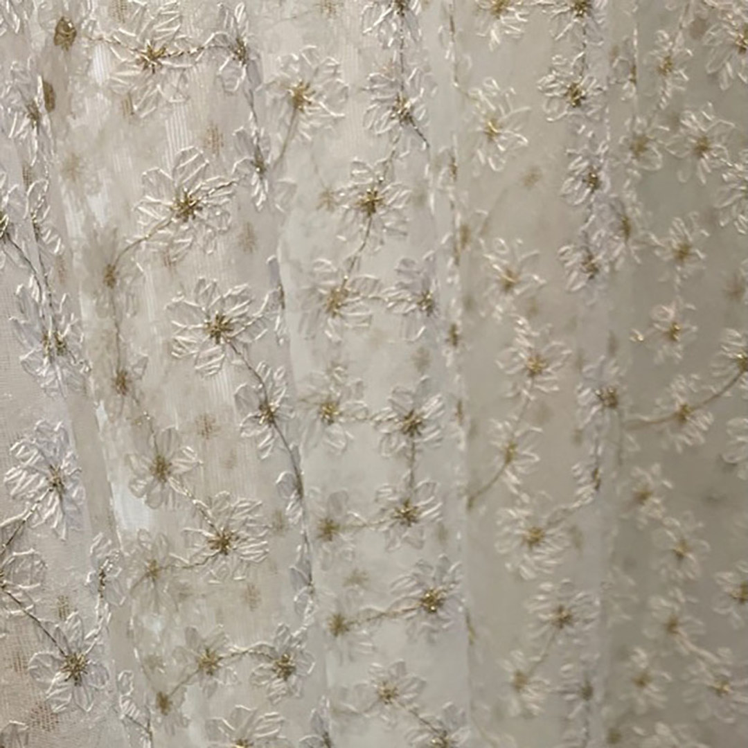 Summertime Embroidered Daisy Ivory White Sheer Curtain with Gold Details