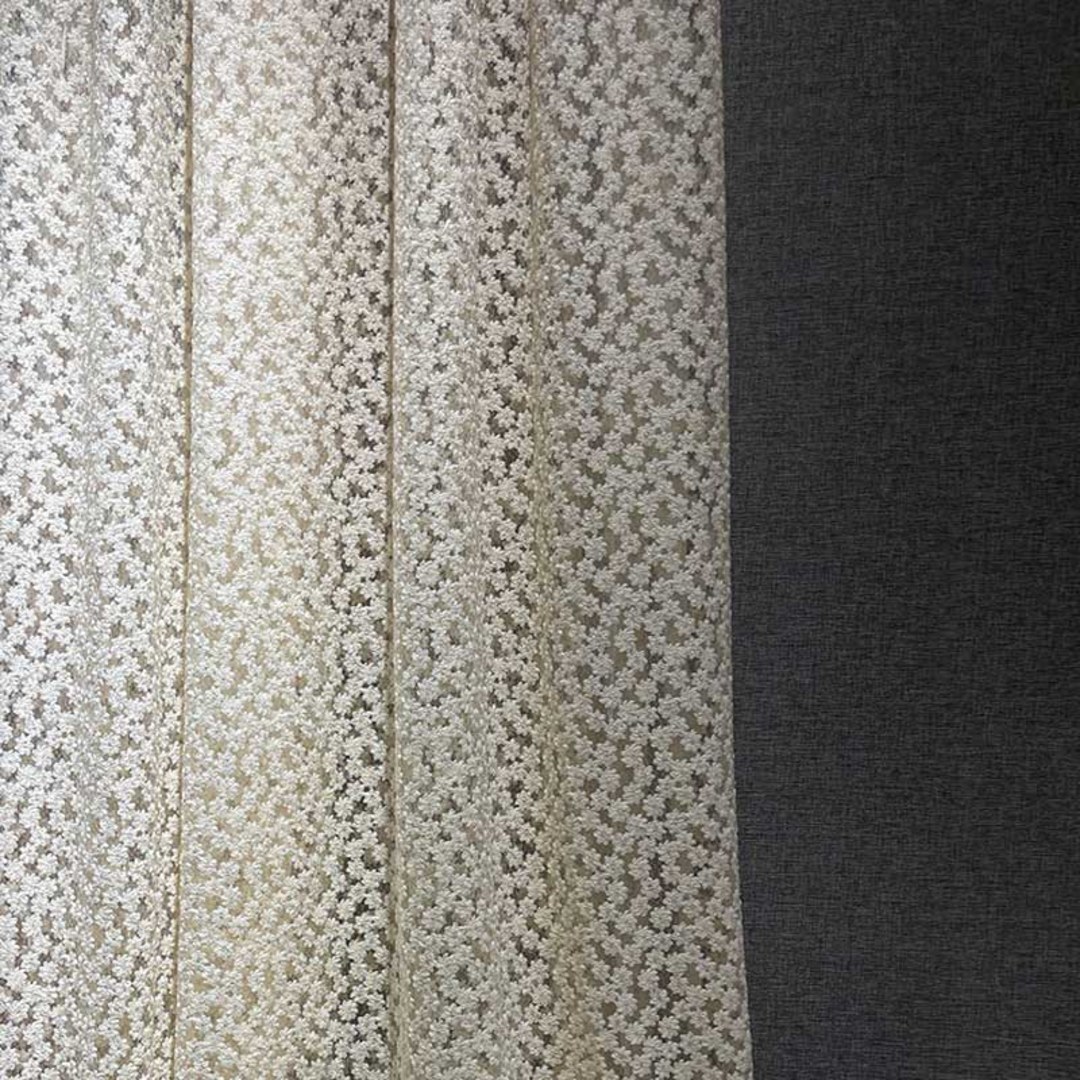 Summertime Embroidered Daisy Ivory White Sheer Curtain with Gold Details