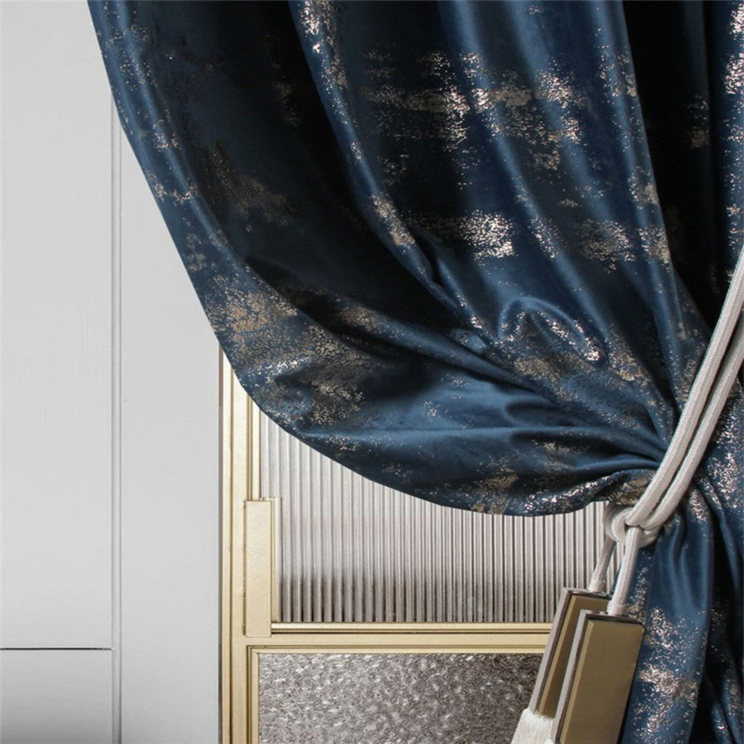 Sparkle Life Gold Glitter Navy Blue Velvet Blackout Curtain Drapes