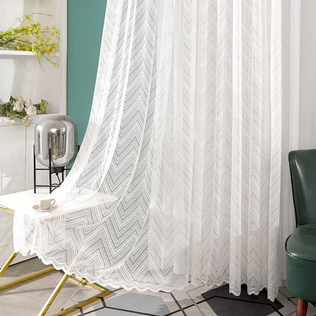 Chevron Ivory White Shimmering Lace Net Curtain with Scalloped Edge