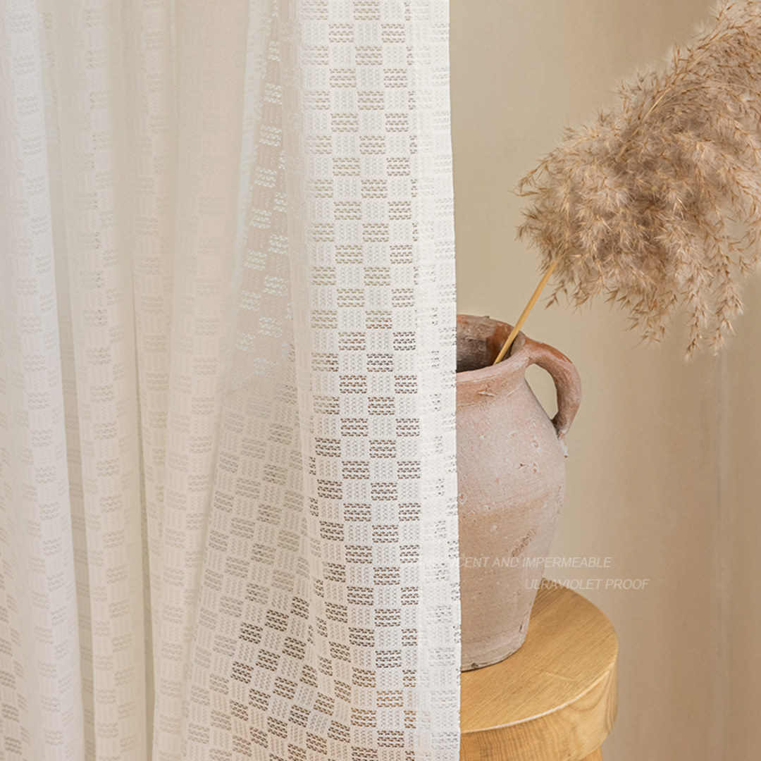 Checkerboard Cream White Lace Net Curtain