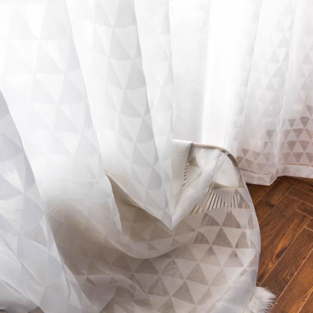 Embroidered Triangles Ivory White Geometric Voile Curtain