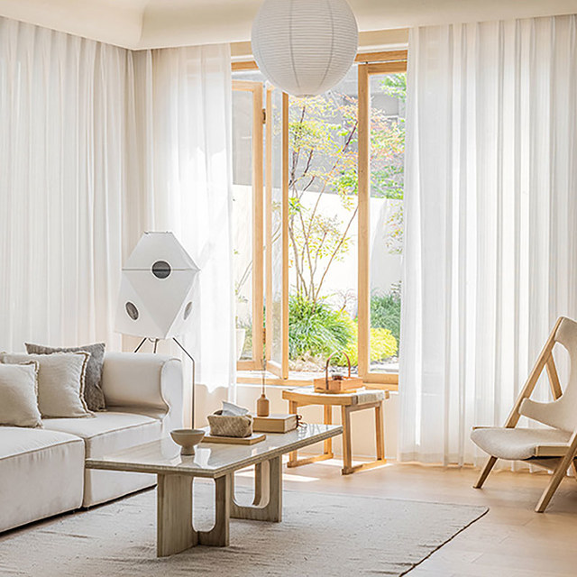 Japanese Ivory White Striped Mirror Sheer Curtain