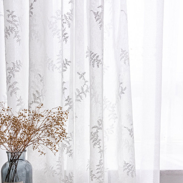 Embroidered Pine Tree Leaves White Floral Sheer Curtain