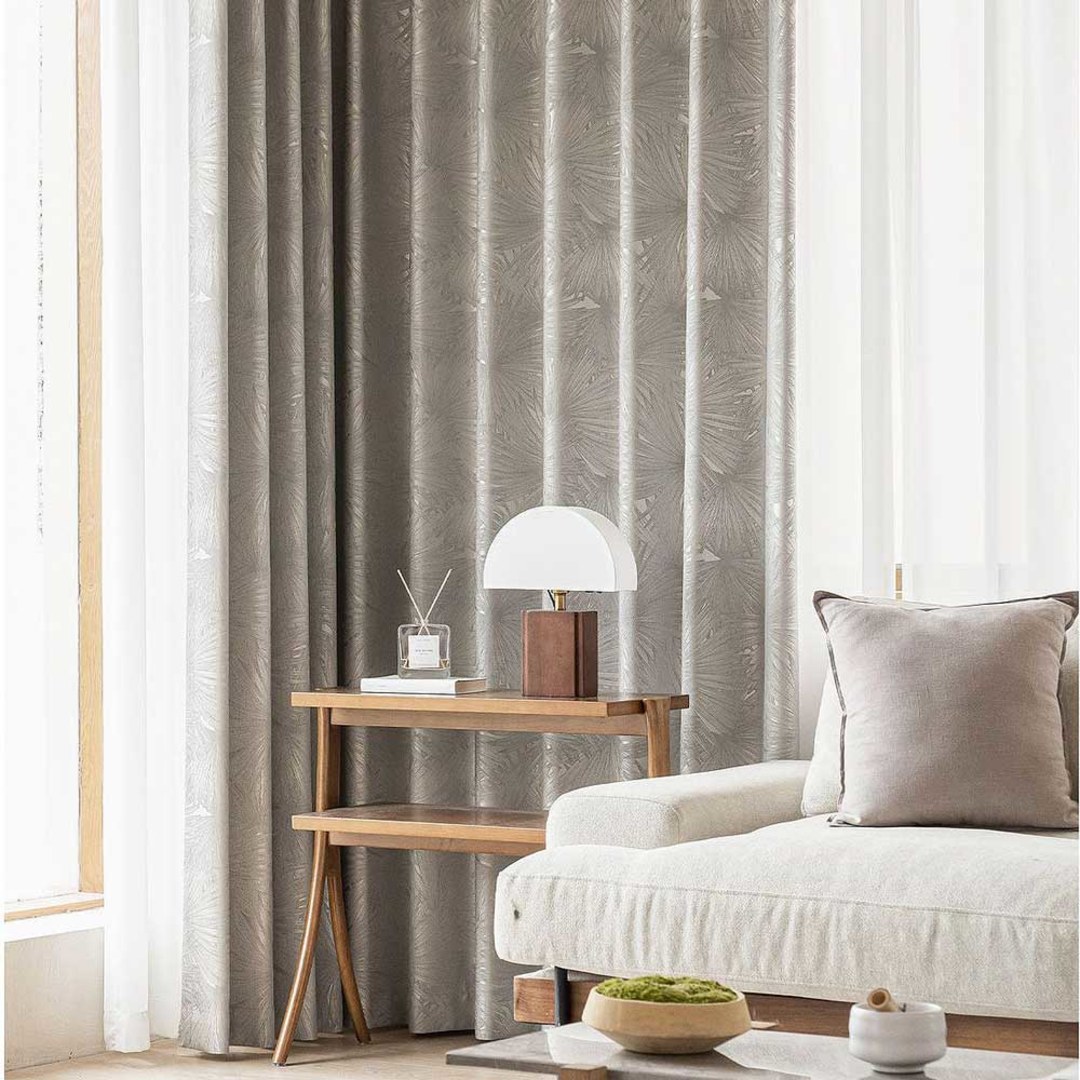 Fan Palm Leaves Luxury Jacquard Cream Light Gold Blackout Curtain