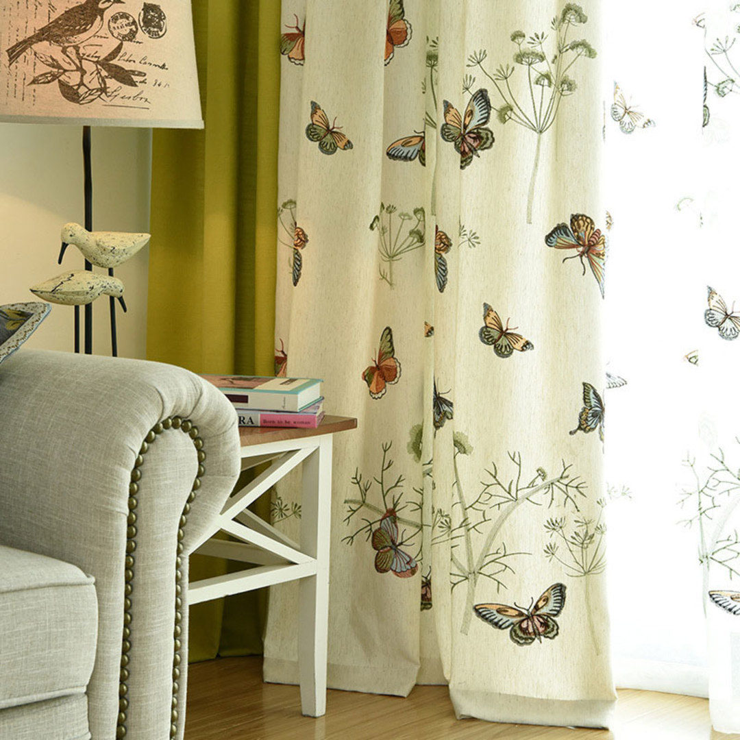 Butterfly Garden Cream Floral Embroidered Curtain