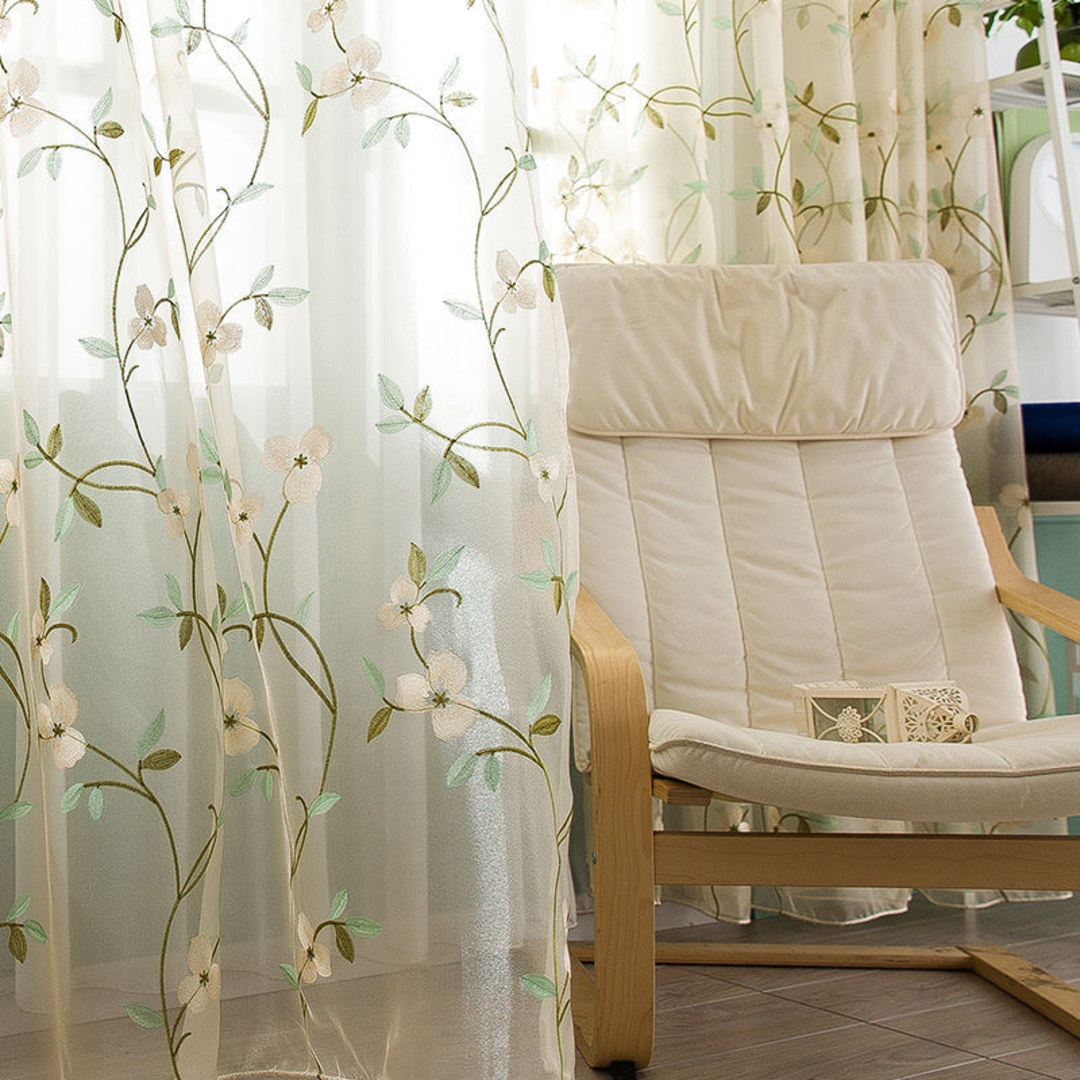 Fancy Pansy Green Leaf Embroidered Organza Sheer Curtain