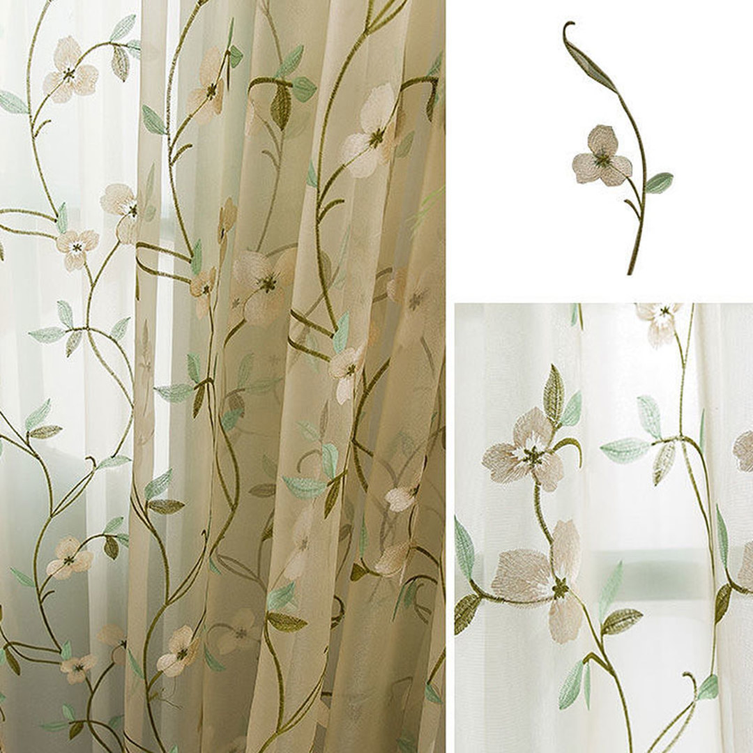 Fancy Pansy Green Leaf Embroidered Organza Sheer Curtain