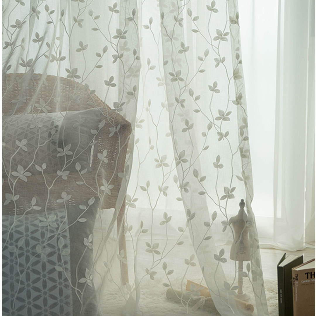 Love Fantasy Embroidered White Leaf Sheer Curtain