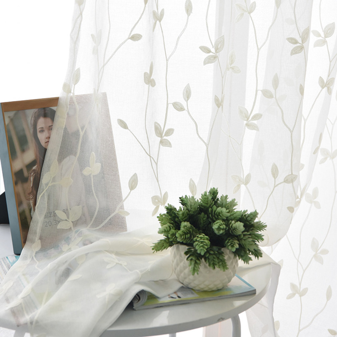Love Fantasy Embroidered White Leaf Sheer Curtain