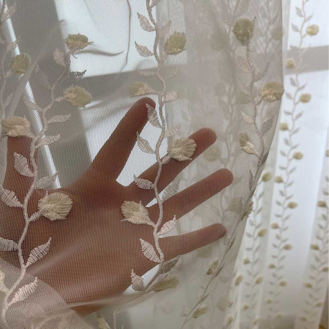 Floral Fantasy Embroidered Scallop Edged Ivory White Sheer Curtain