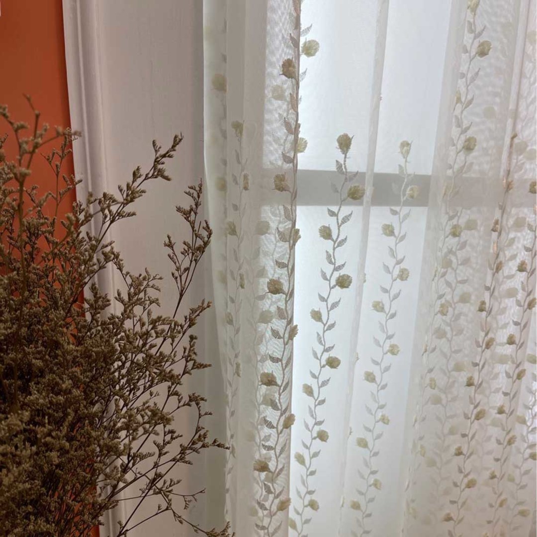 Floral Fantasy Embroidered Scallop Edged Ivory White Sheer Curtain
