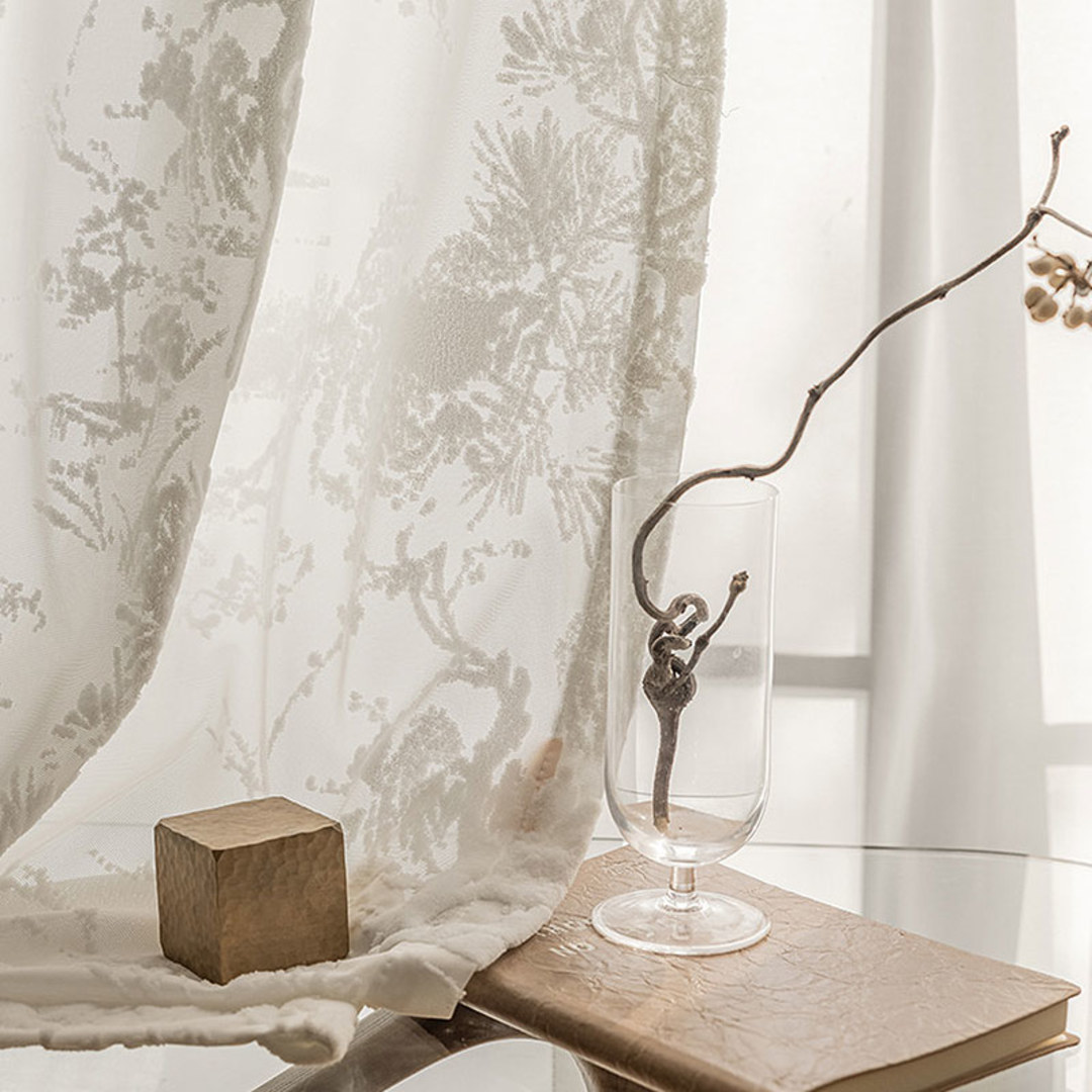 Whispering Willow Oriental Chinoiserie Cut Ivory White Floral Sheer Curtain